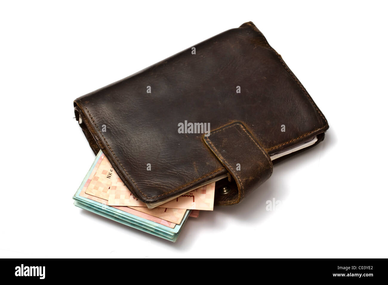 Old wallet with cash isolated on white background Stock Photo - Alamy