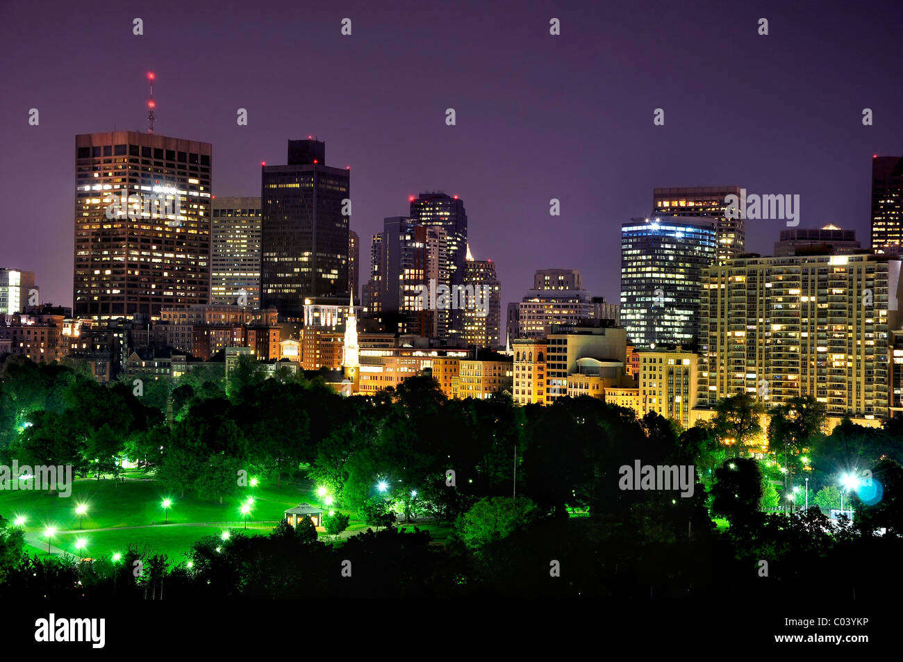 The lights of Boston skyline and Boston Public Garden at night Stock ...