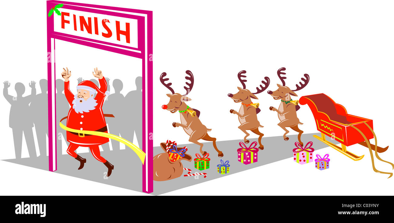 Illustration of Santa Claus crossing finish line with gifts and his ...