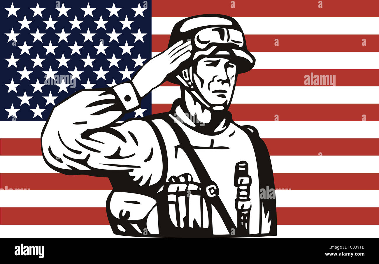 Illustration of American Soldier hero saluting American stars and ...