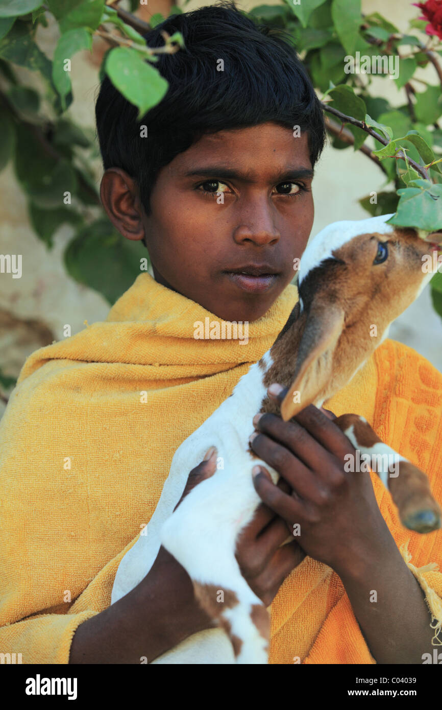 Boy with goat india hi-res stock photography and images - Alamy