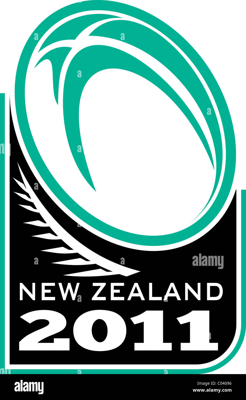 illustration of a rugby ball and fern with words new zealand 2011 Stock ...