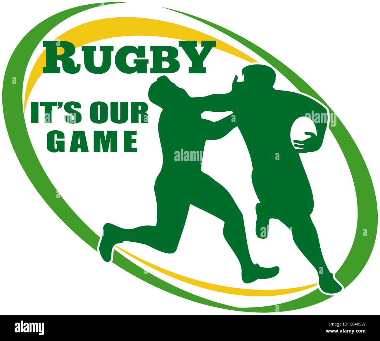 illustration of a Rugby player running fending off tackle with ball ...