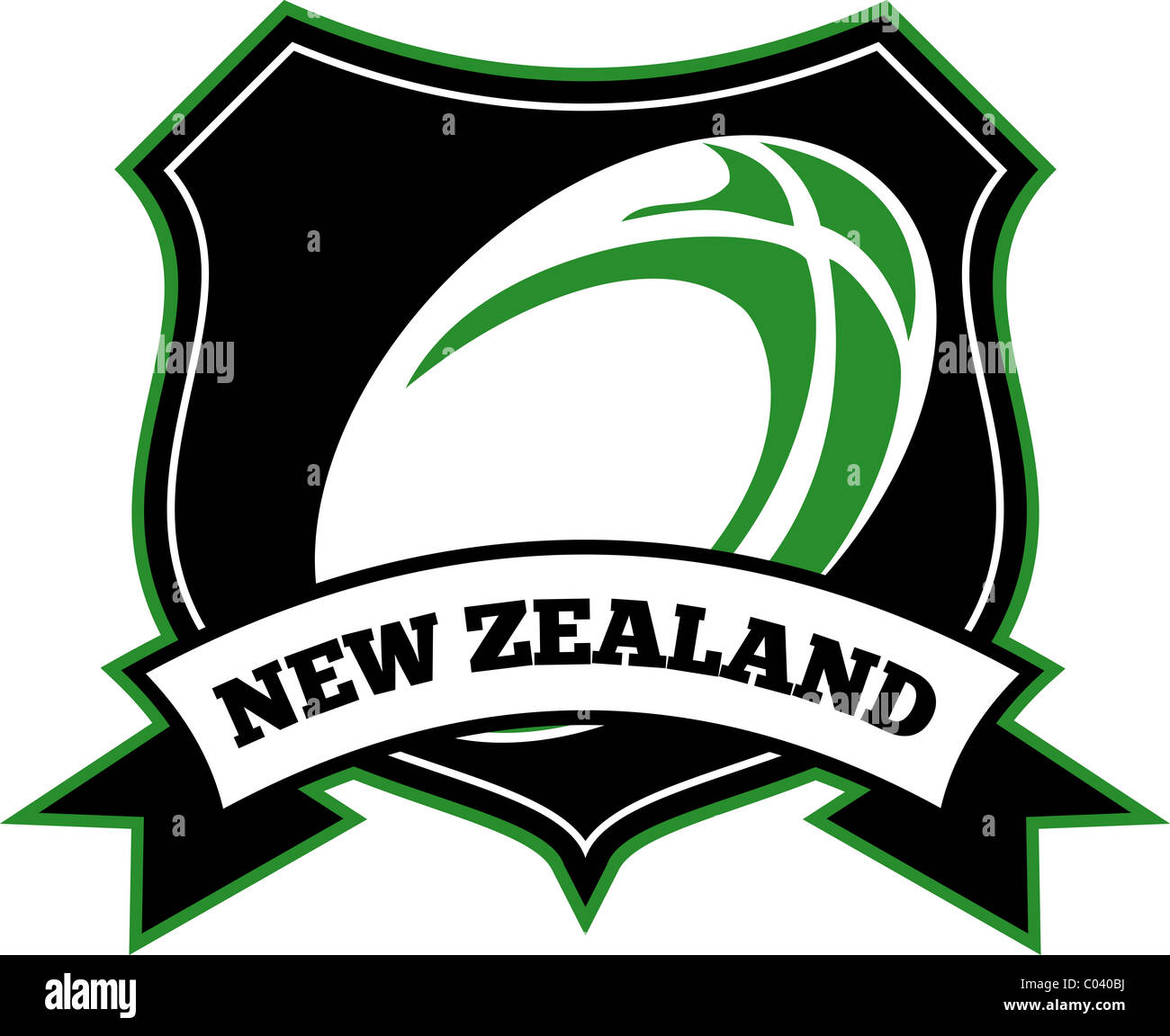 illustration of a rugby ball set inside shield with words new zealand ...
