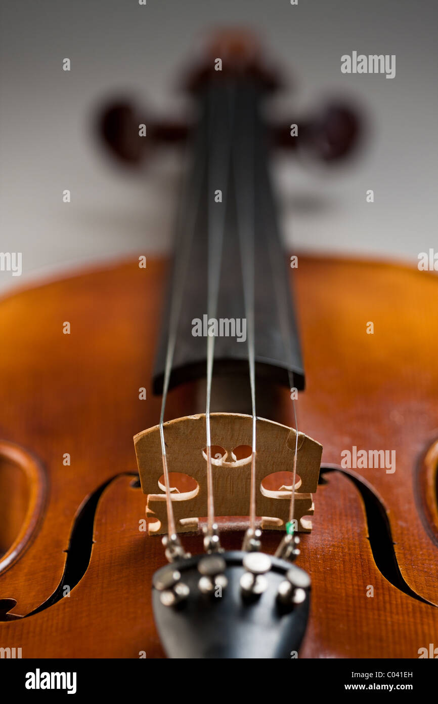 Narrow depth of field view focused on the bridge and strings of a ...