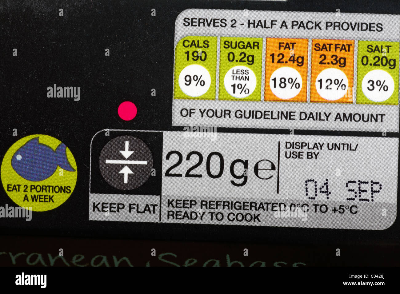 Information on back of seabass food packet, including GDA guideline ...