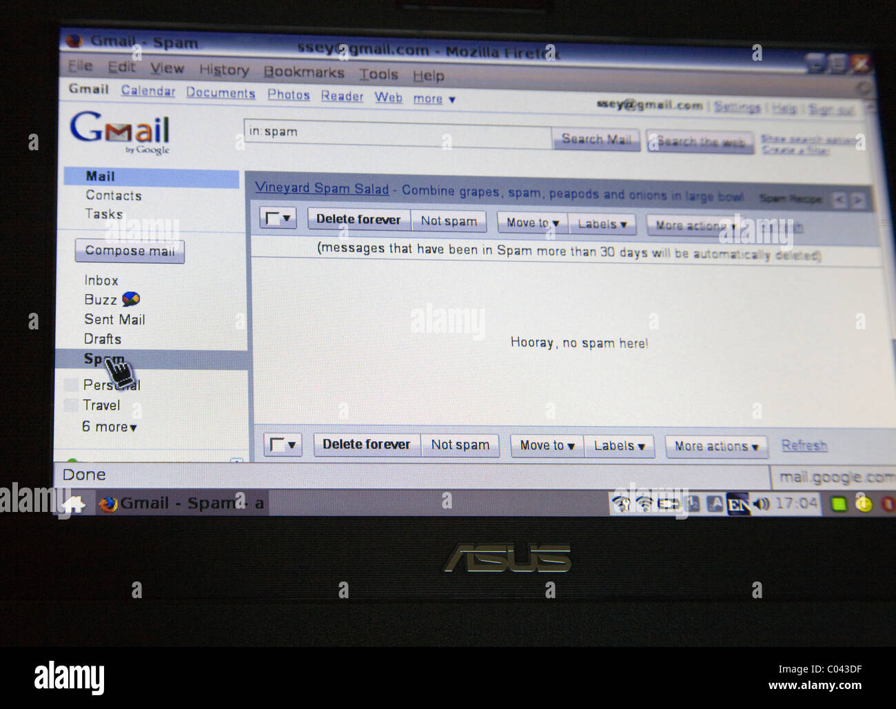 Close up screen of a computer notebook showing no spam in Google gmail ...