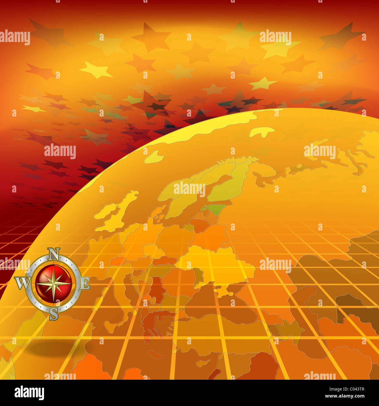 abstract illustration with globe and compass on red Stock Photo - Alamy