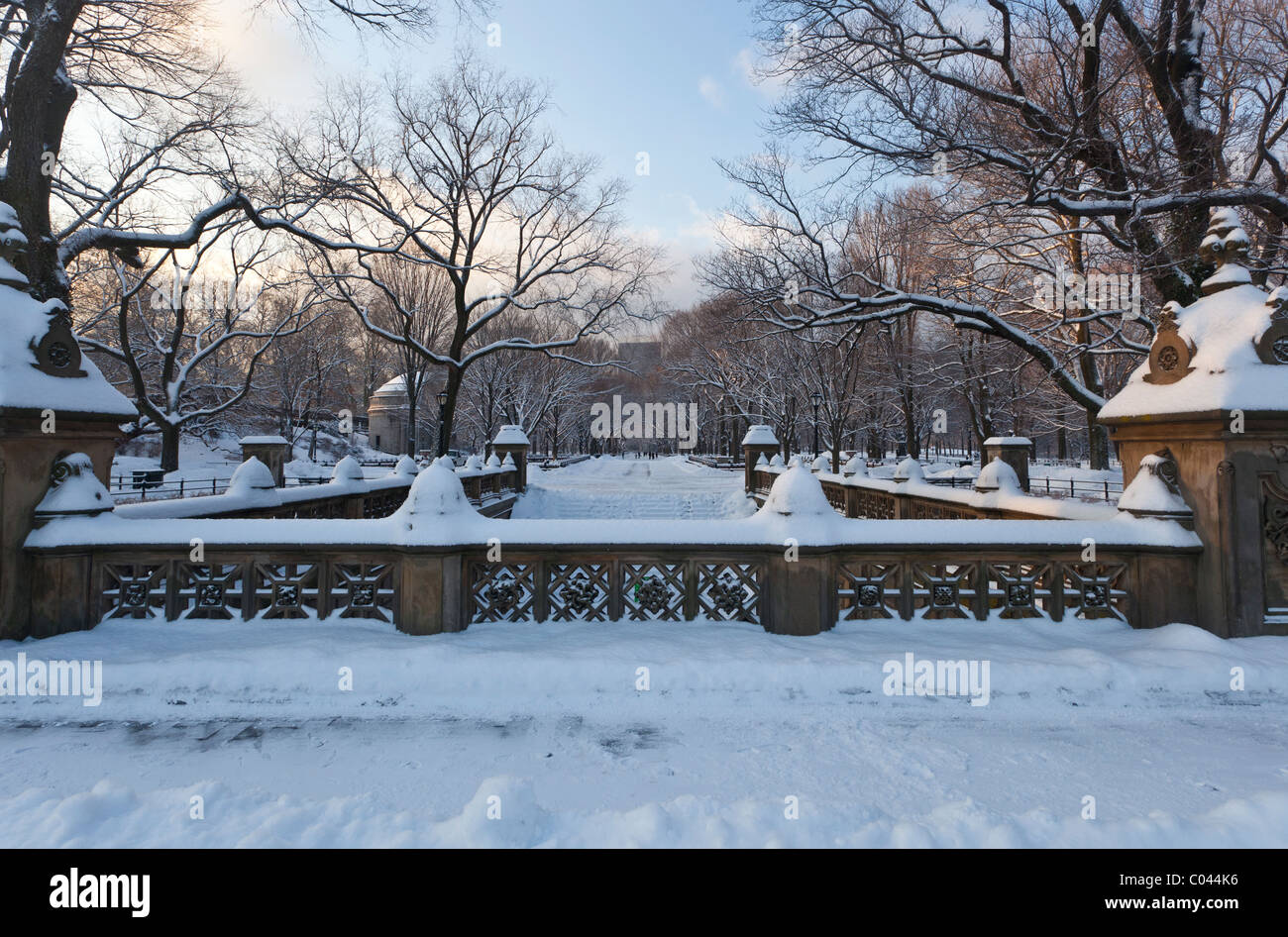 Central Park - New York City after large snow storm at Terrace bridge ...