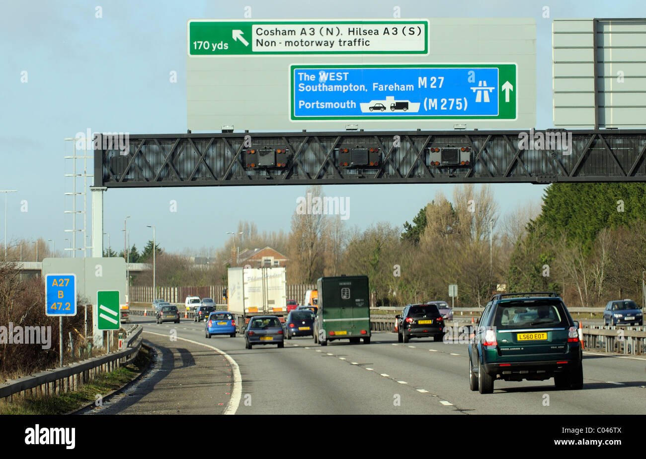 M27 motorway westbound approaching the Cosham and Portsmouth exits ...