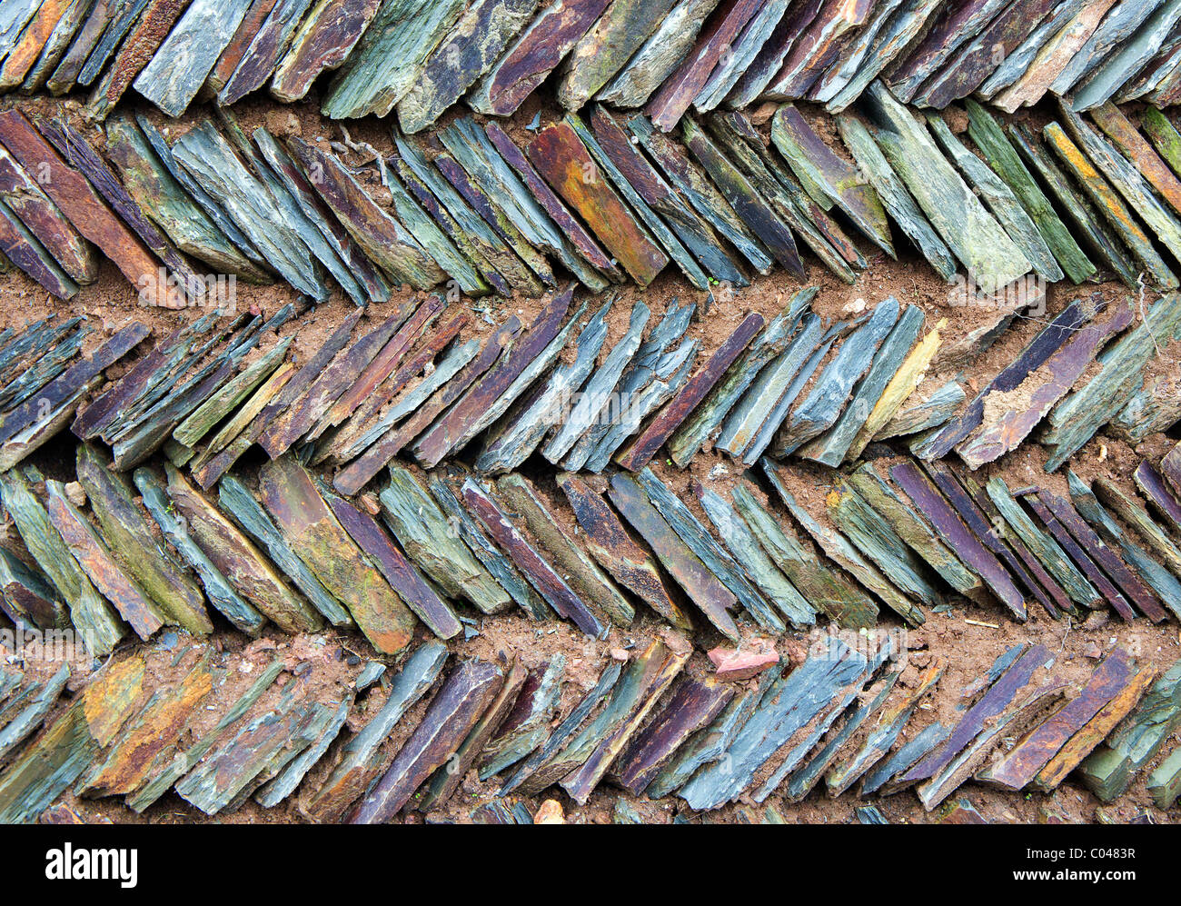 The detail and pattern in a herring bone design stone garden wall Stock ...