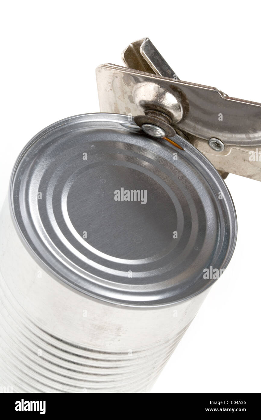 Metal Can and opener with white background Stock Photo - Alamy