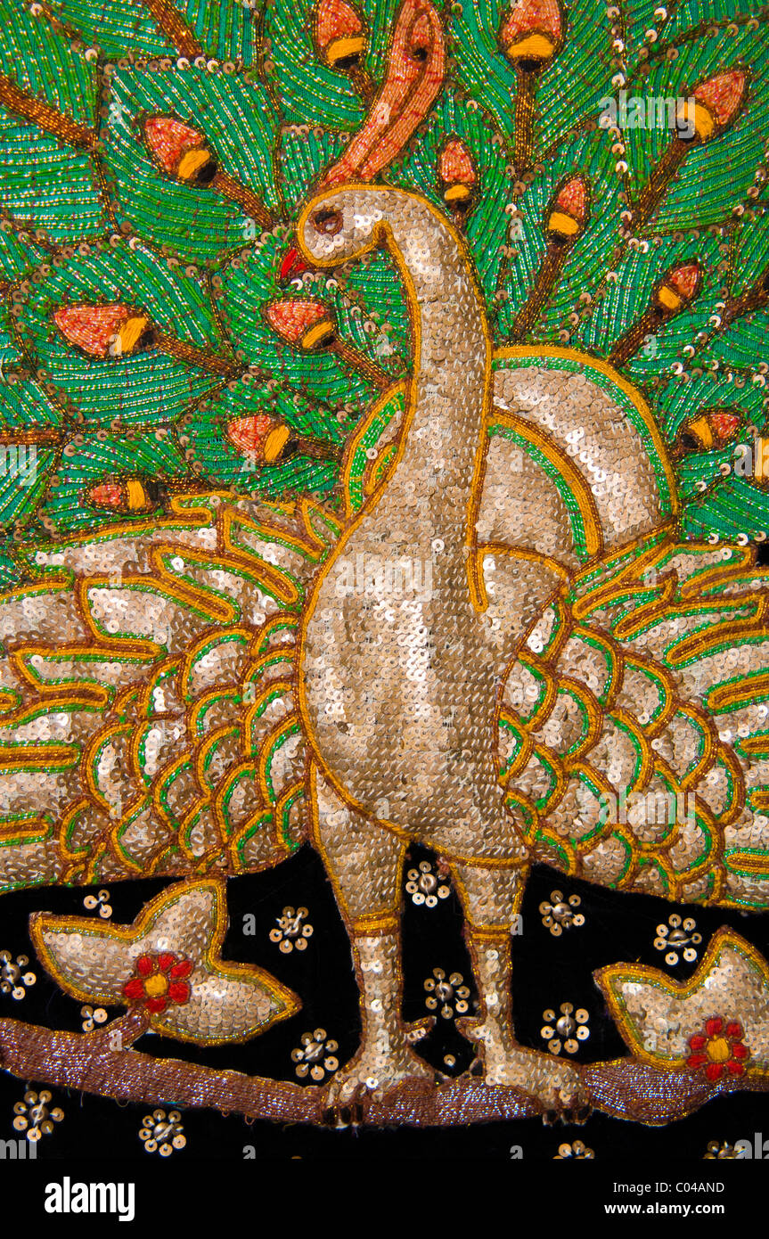 Beaded and embroidered peacock kalaga tapestry Stock Photo - Alamy