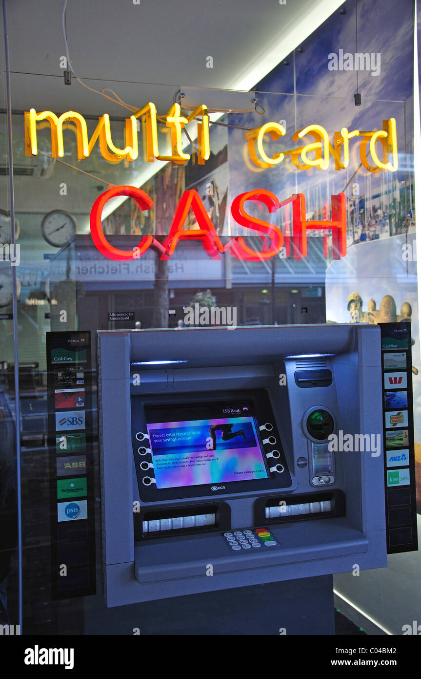 Neon signs on bank window by ATM machine, Trafalgar Street, Nelson ...