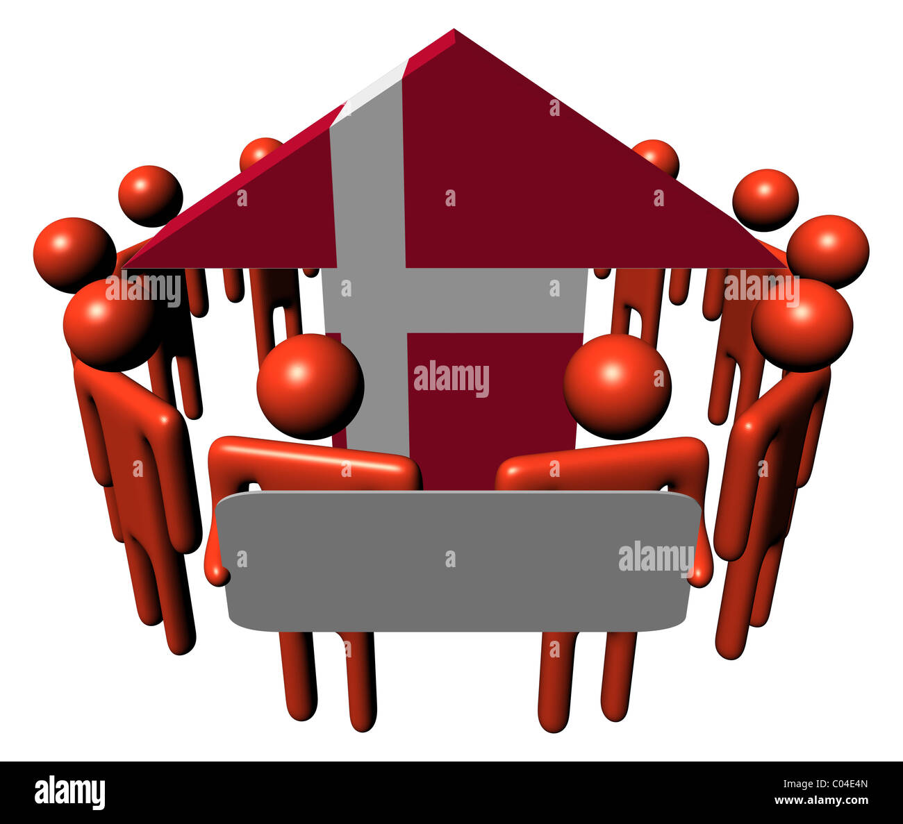 Circle of abstract people with sign around Danish flag arrow ...