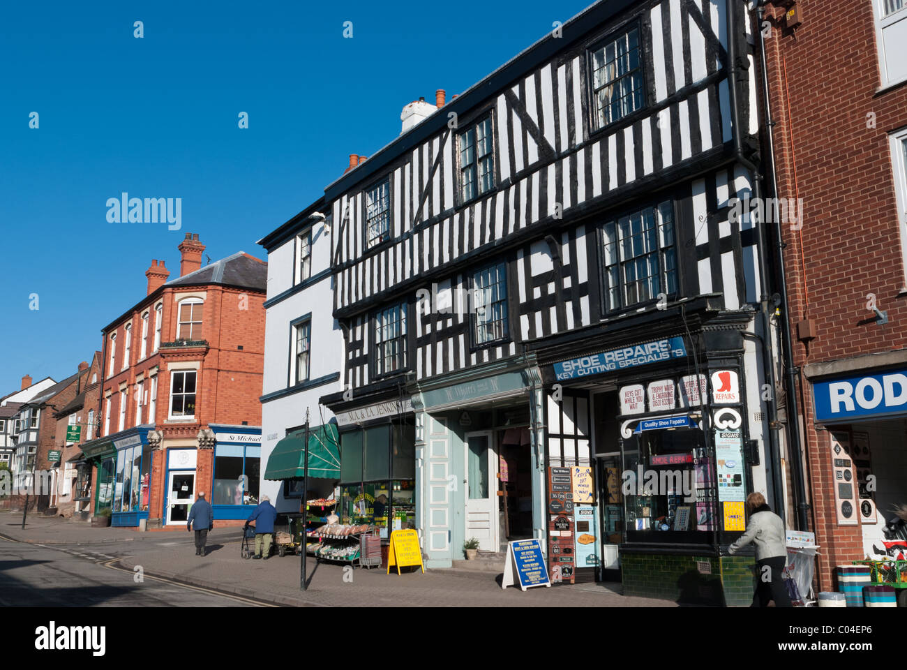 Typical timber-framed buildings in the market town of Ledbury in ...