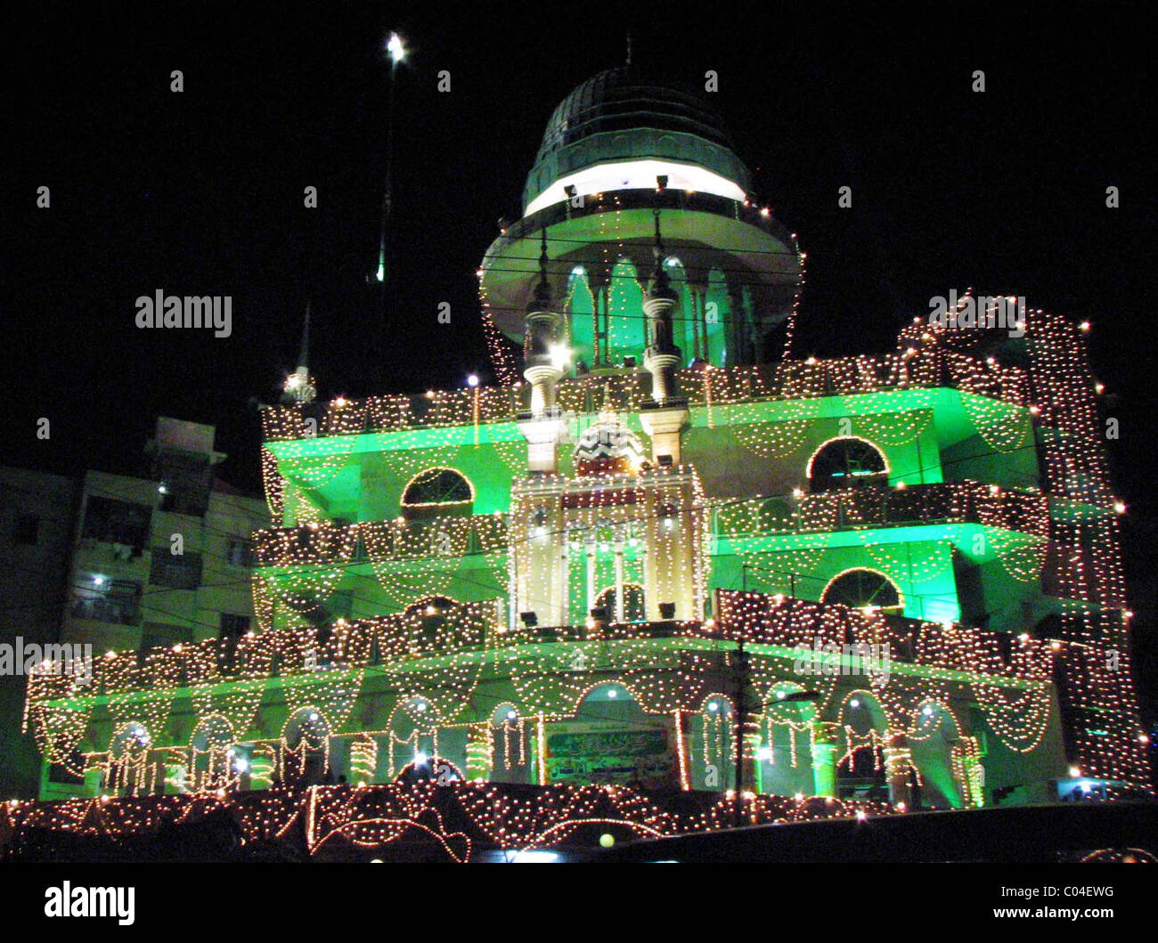 View of Memon mosque decorated with lights ahead of the Eid Milad-un ...