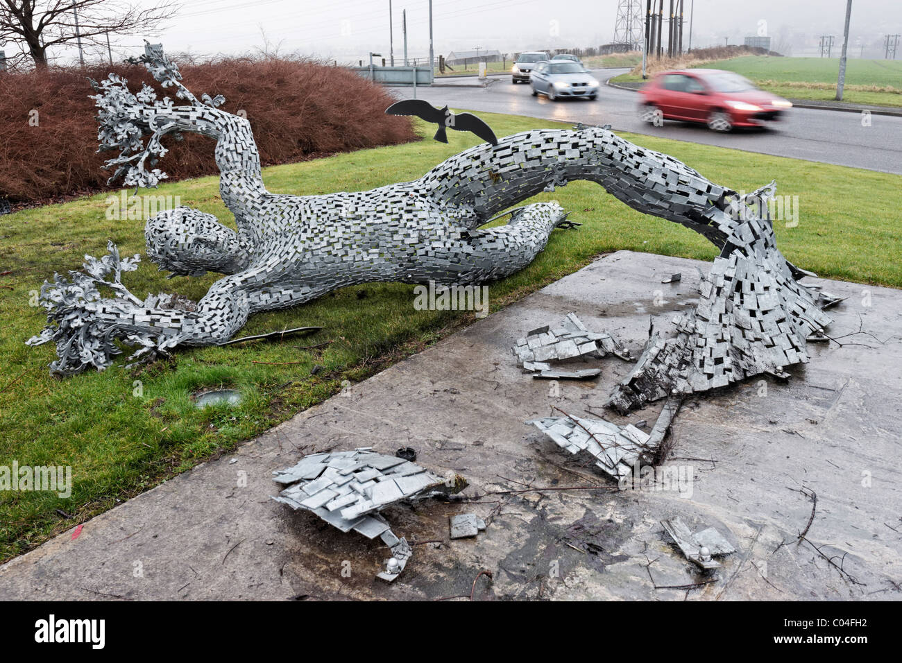 The damaged Man in Motion sculpture on the Muirside roundabout in ...