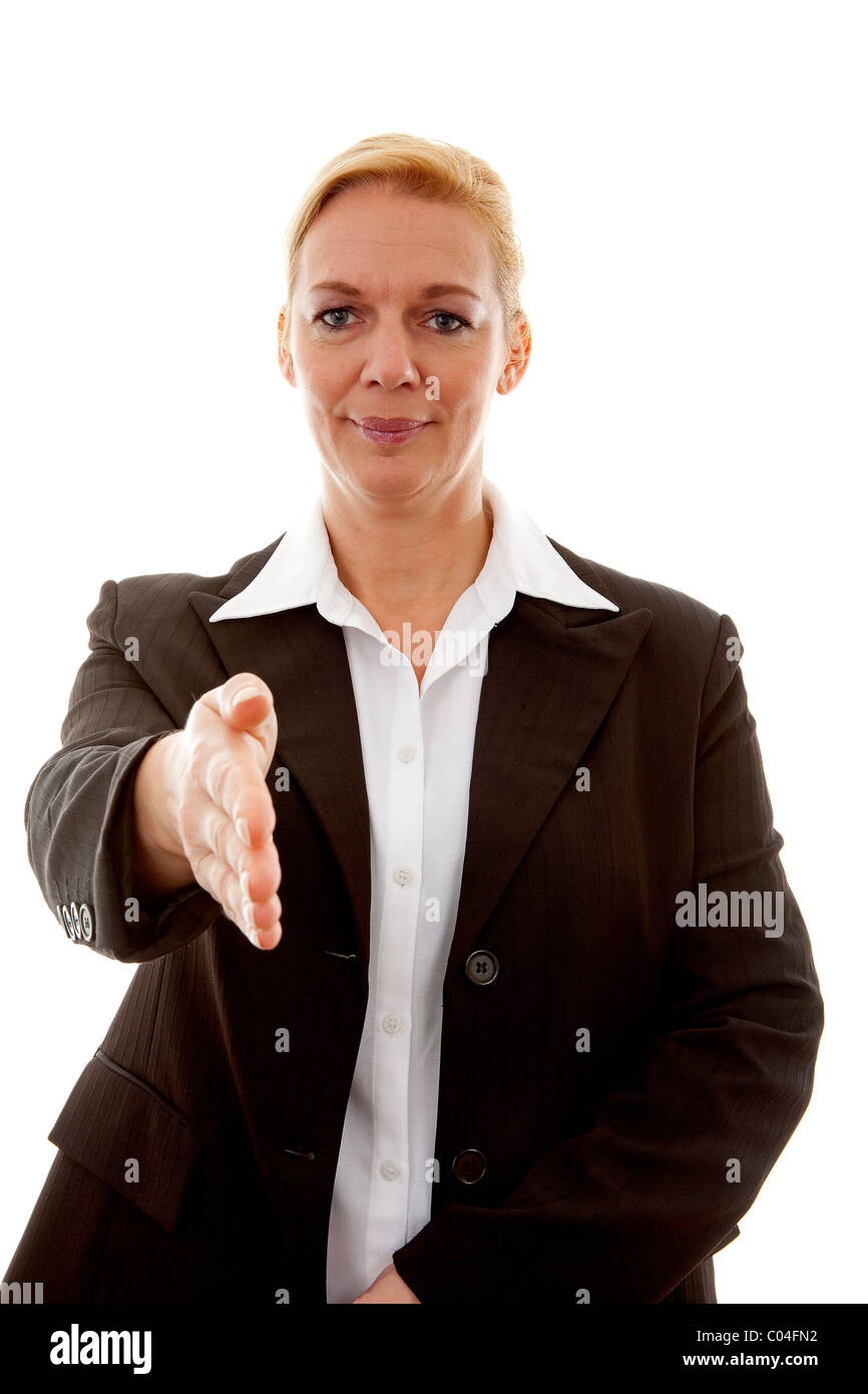 Businesswoman is shaking your hand over white background Stock Photo ...
