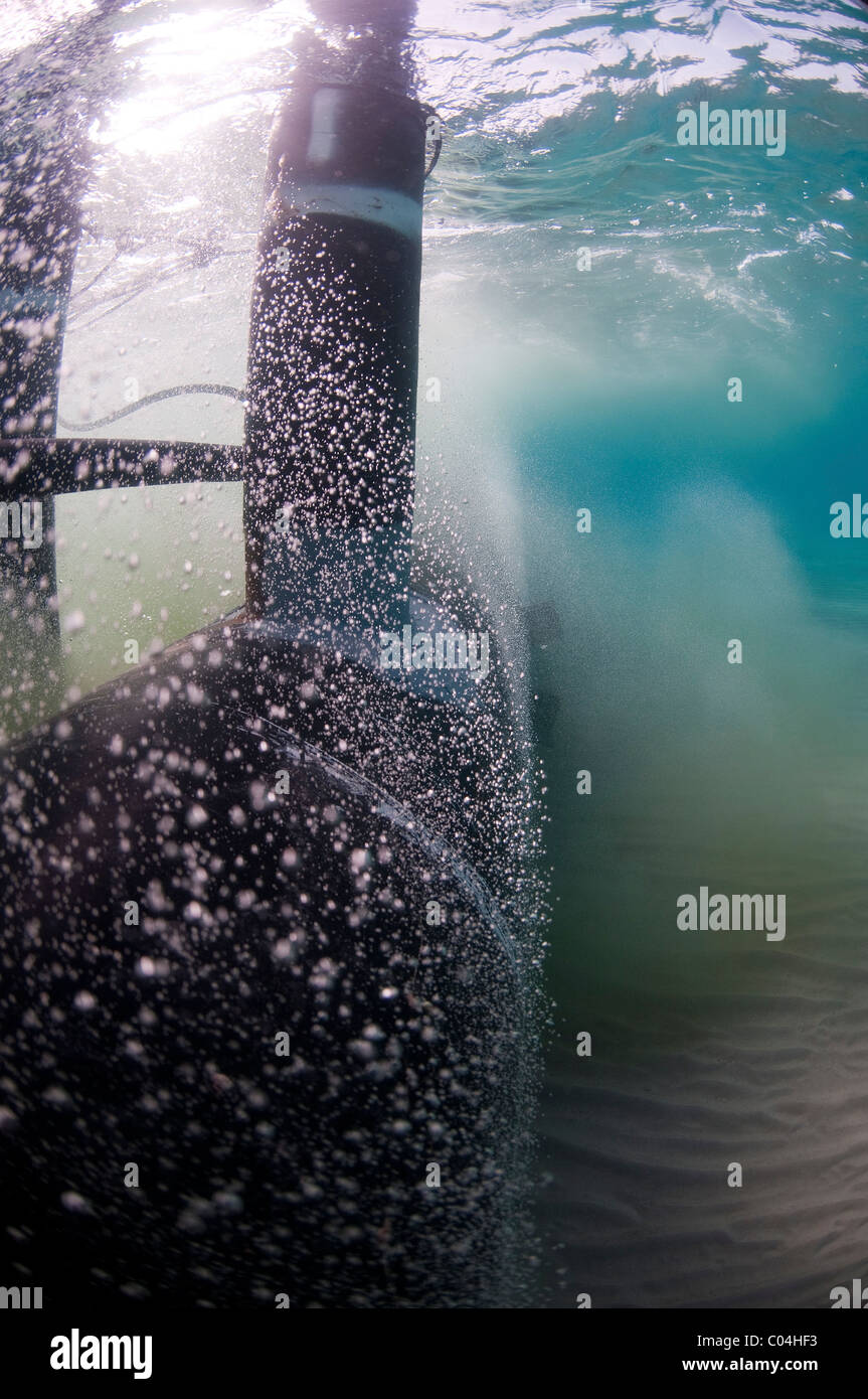 Workers laying a brine discharge pipe from a desalination plant on the ...