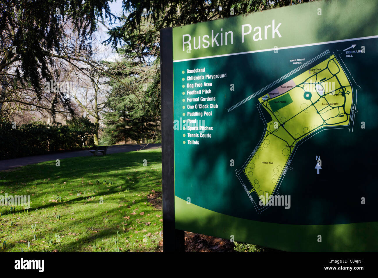 A sign with a map and legend of Ruskin Park, shared by both Southwark ...