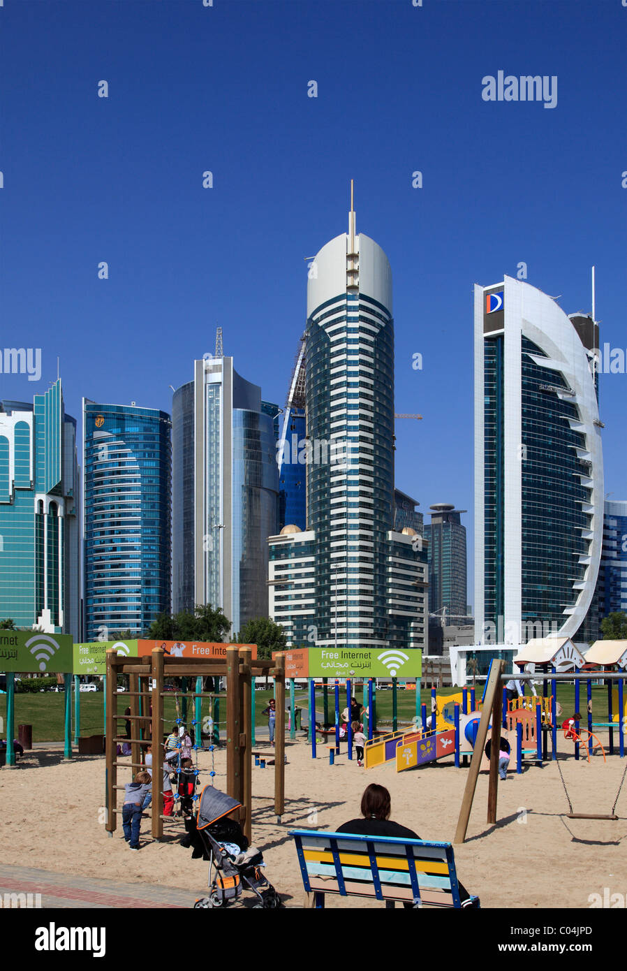 Qatar, Doha, Al Corniche Street, modern architecture, playground Stock ...