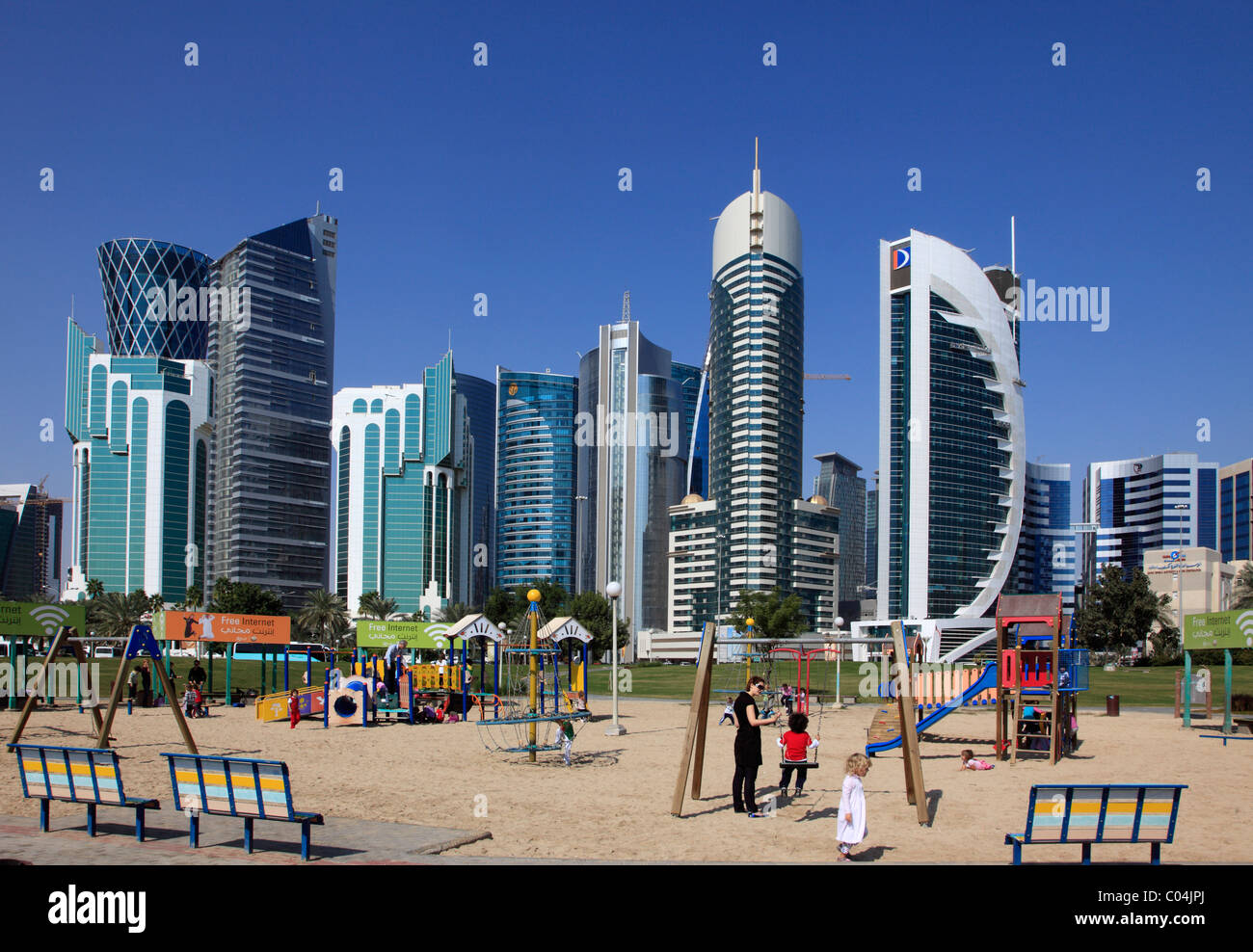 Qatar, Doha, Al Corniche Street, modern architecture, playground Stock ...