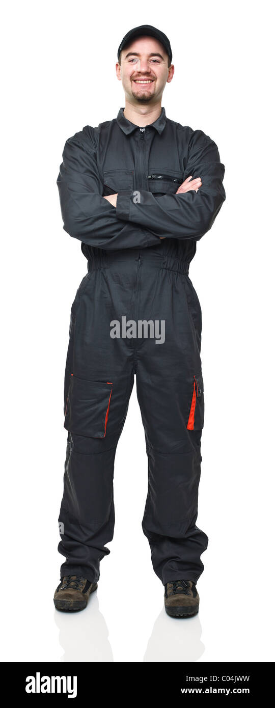 smiling worker wear garage suit isolated on white background Stock ...