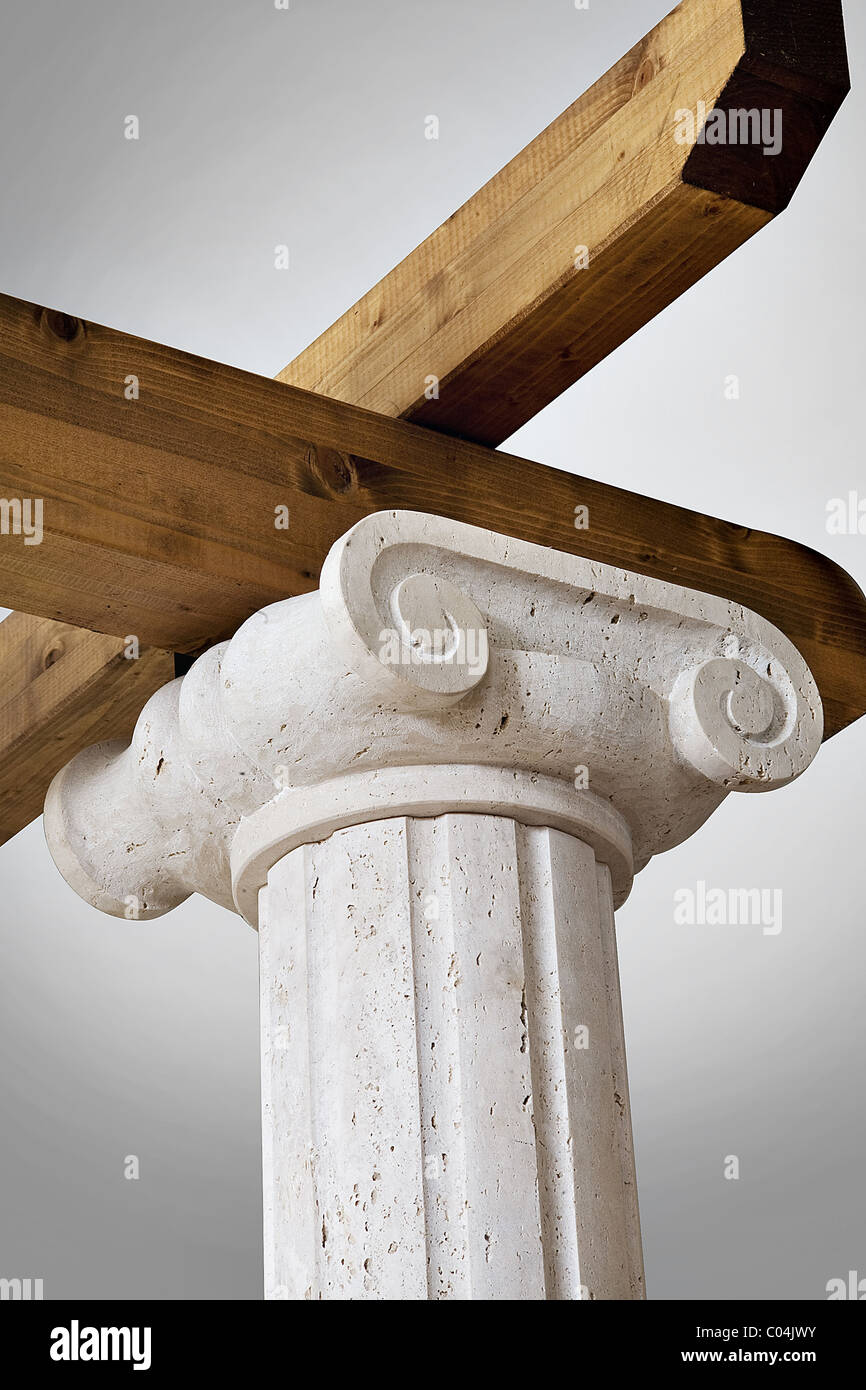 white stone column with a wood roof Stock Photo - Alamy