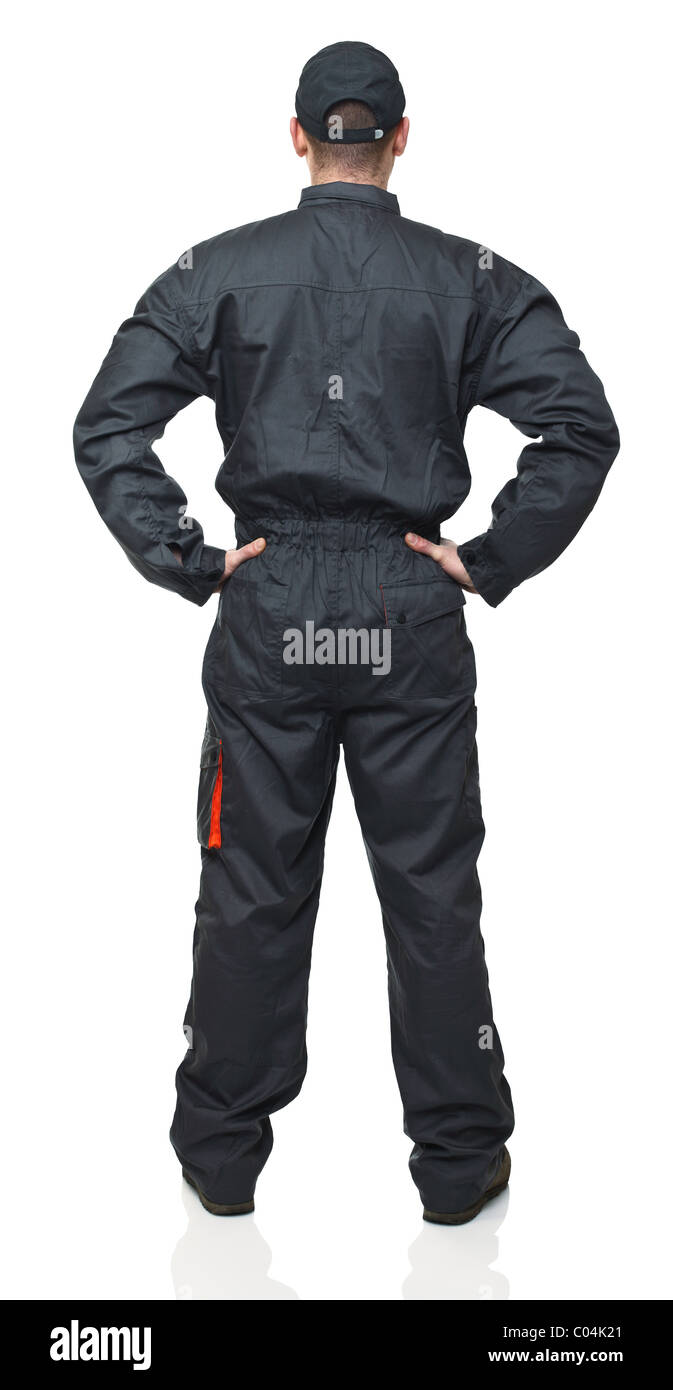 standing manual worker with garage suit isolated on white Stock Photo ...