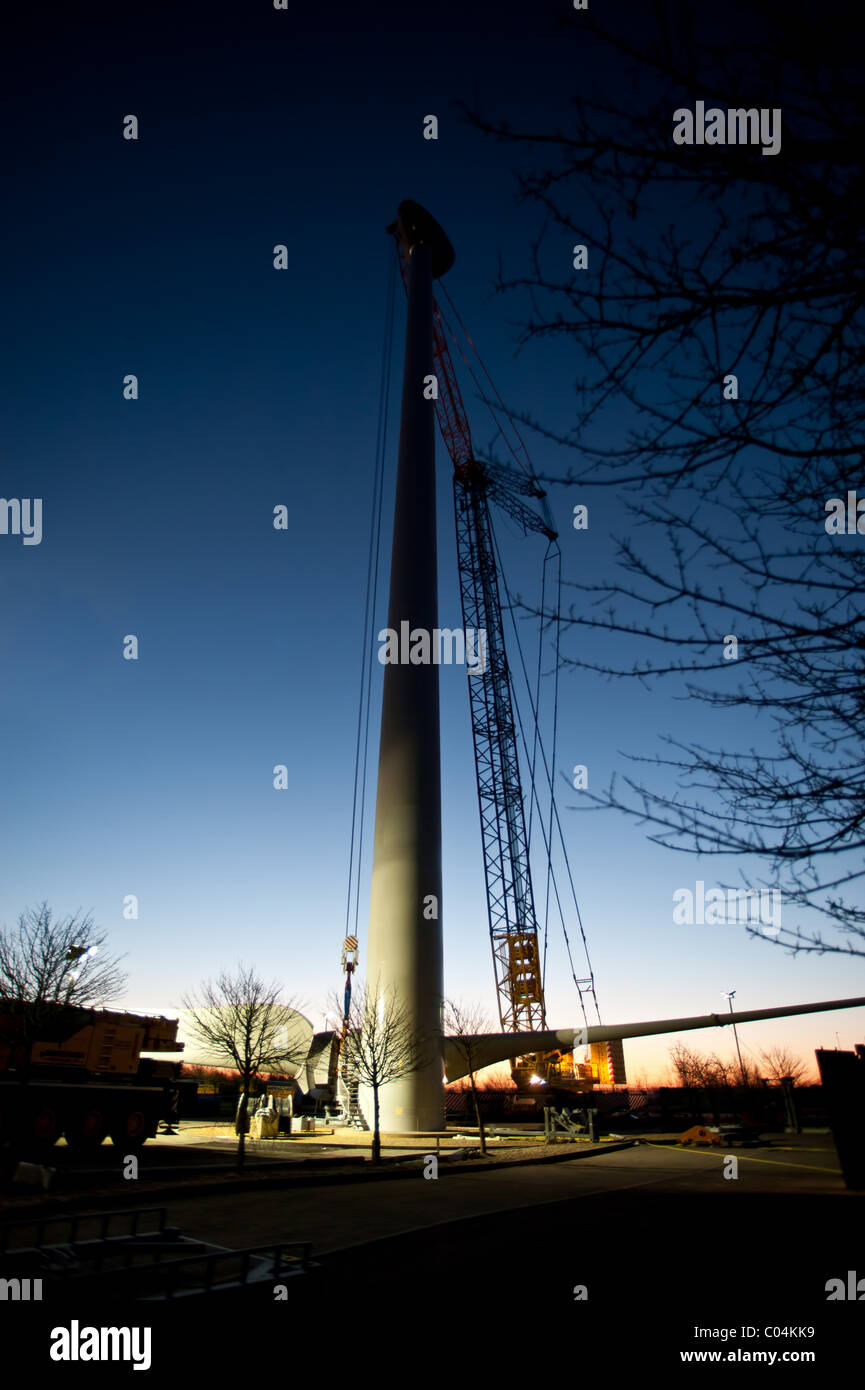 Preparing to lift Wind Turbine Blades into position at Dawn Stock Photo ...