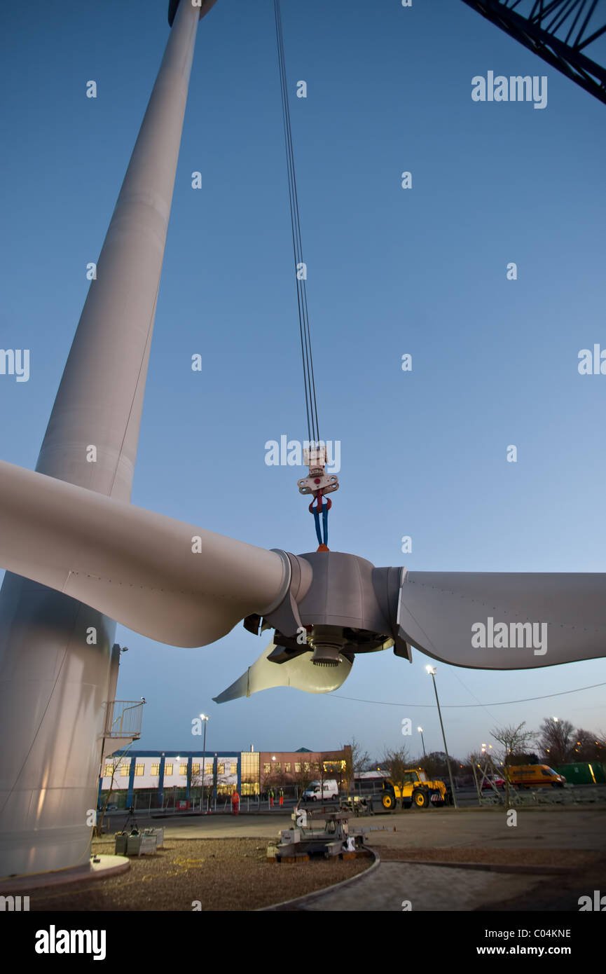 Preparing to lift Wind Turbine Blades into position at Dawn Stock Photo ...