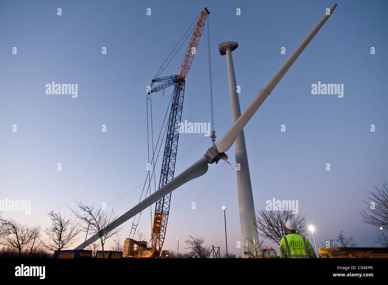 Lifting Wind Turbine Blades into position at Dawn Stock Photo - Alamy