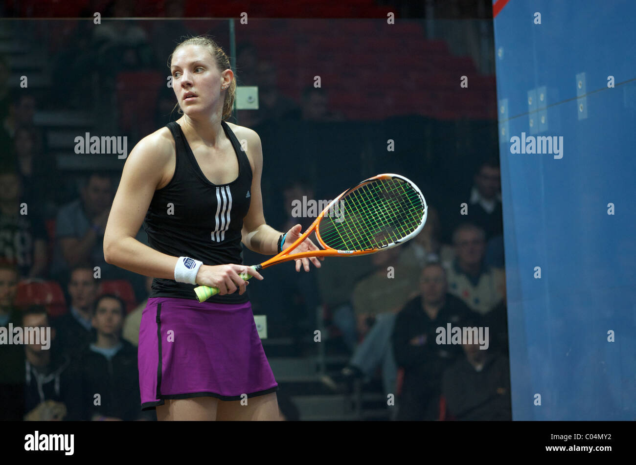 Laura Massaro concentrates during the British Squash National ...
