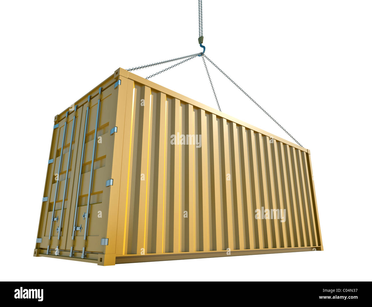 Yellow shipping container being picked up. 3D rendered illustration ...