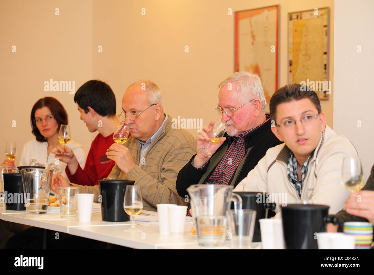 The adult students of "Wine Wave School"(Slovakia) tasting and smelling ...