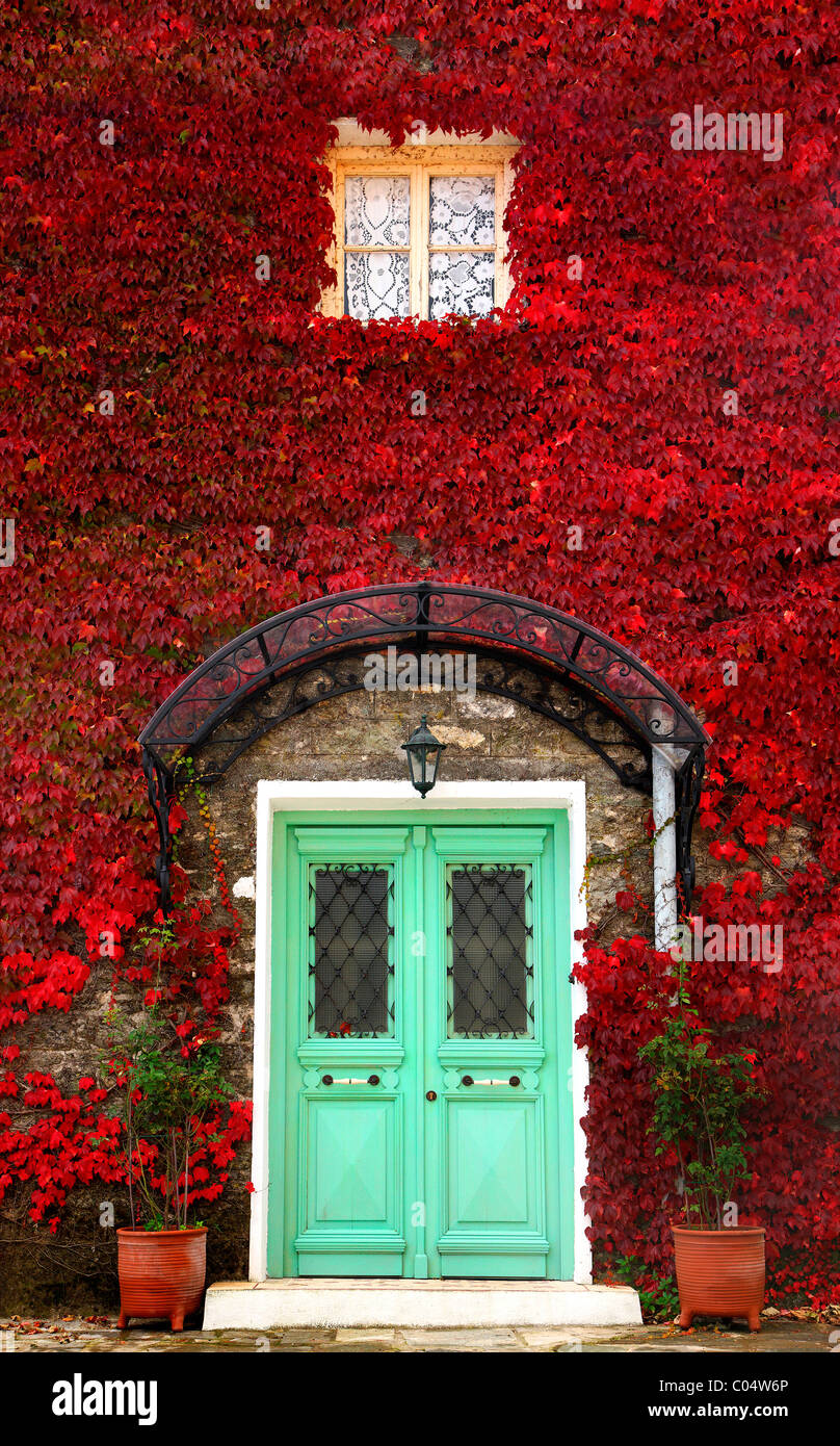 A beautiful facade of a house in Zagora village, the largest in Pelion ...