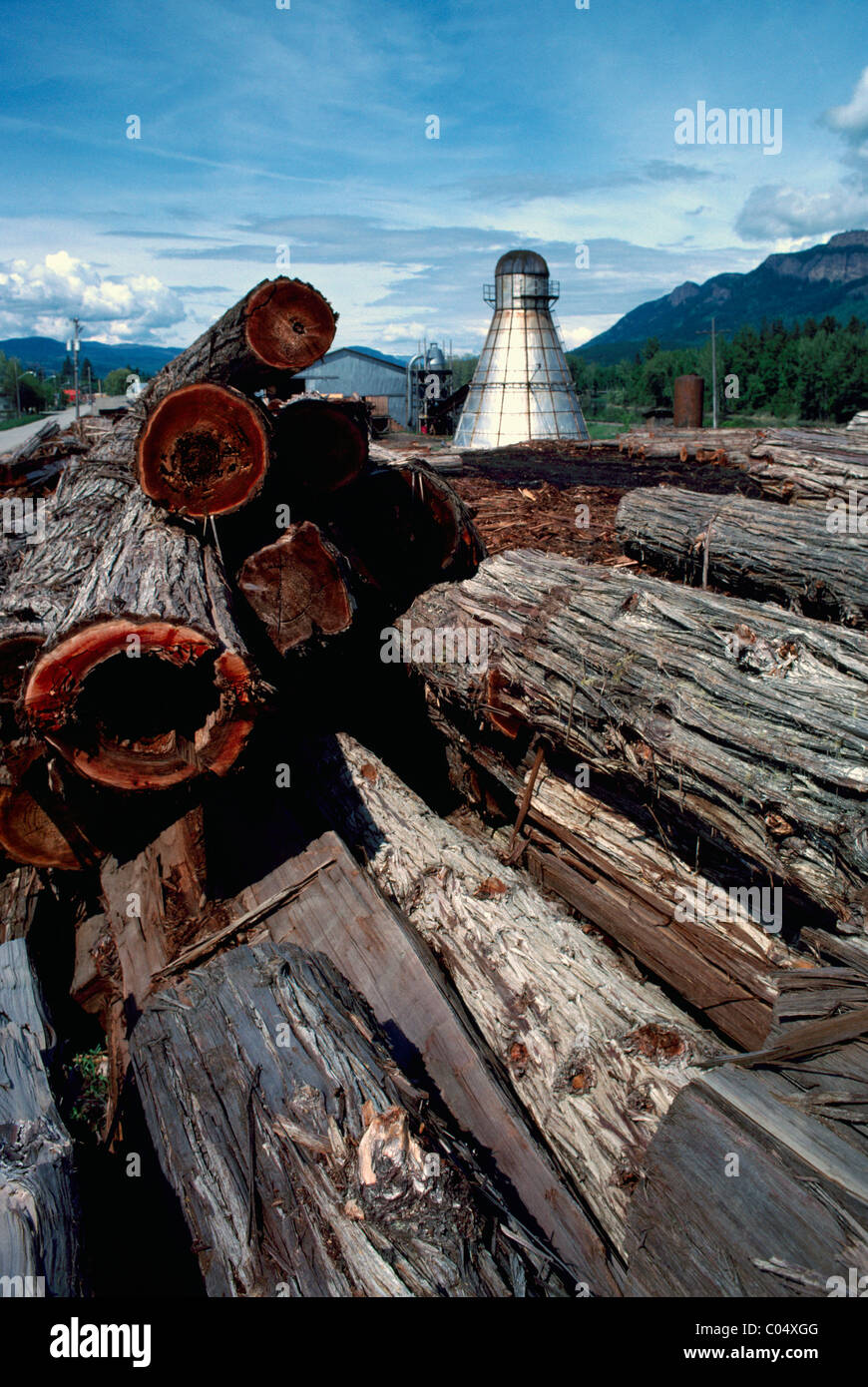 Log Yard and Beehive Burner at Sawmill, Northern British Columbia ...