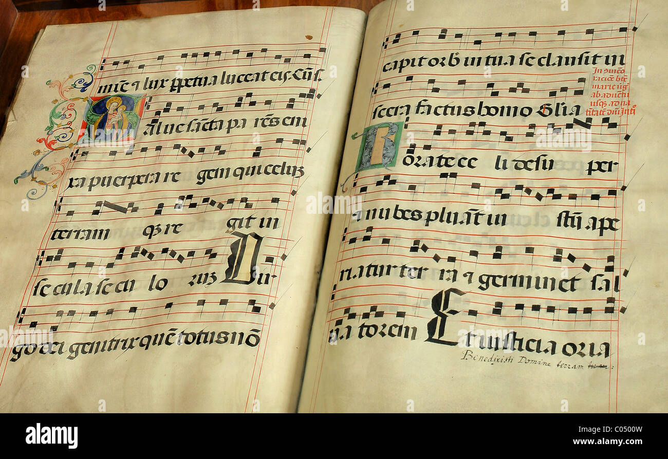 Vintage religious music book with dots and illumination Stock Photo - Alamy