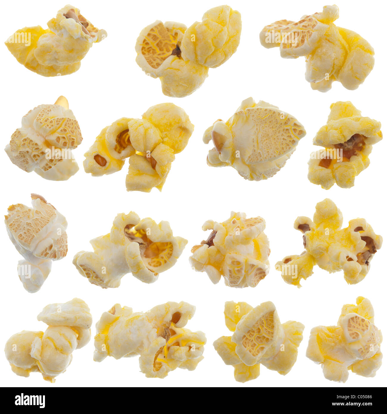 Popped kernels of pop corn snack isolated on white background Stock ...