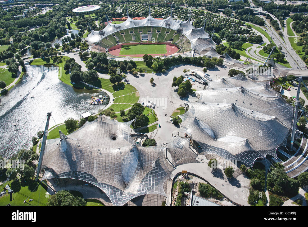 Aerial image of the Olympic Park and arena in Munich taken from the ...