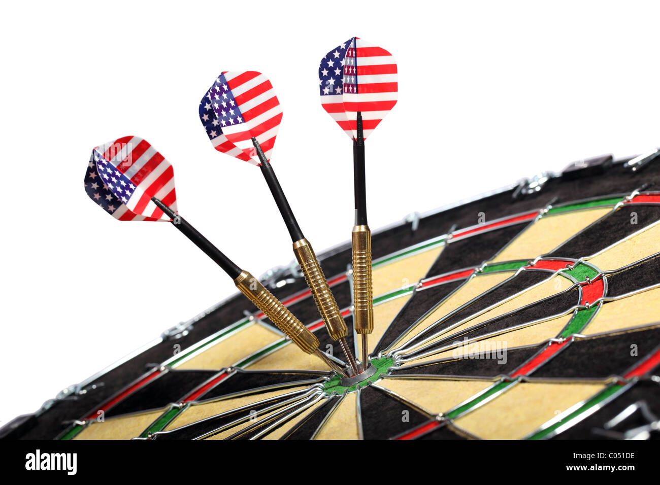 Three ideal hits in red point of a target board, concept for success ...
