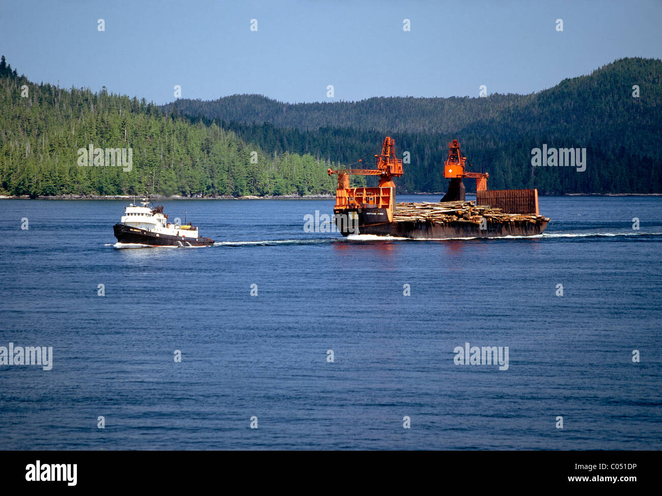 Barge of freshly cut logs, Inside Passage, British Columbia, Canada ...