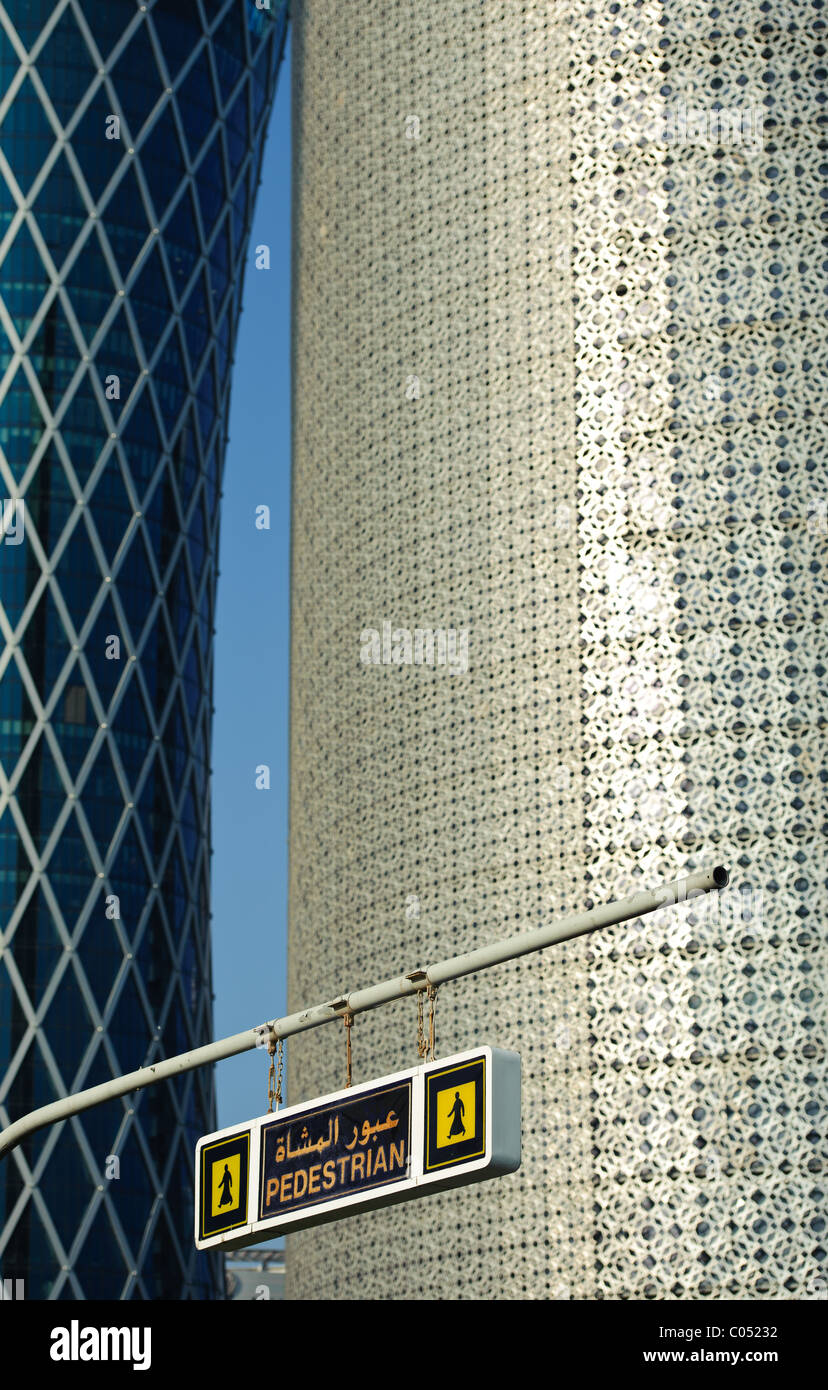Pedestrian Crossing Sign in front of the Doha 9 High Rise Office Tower ...