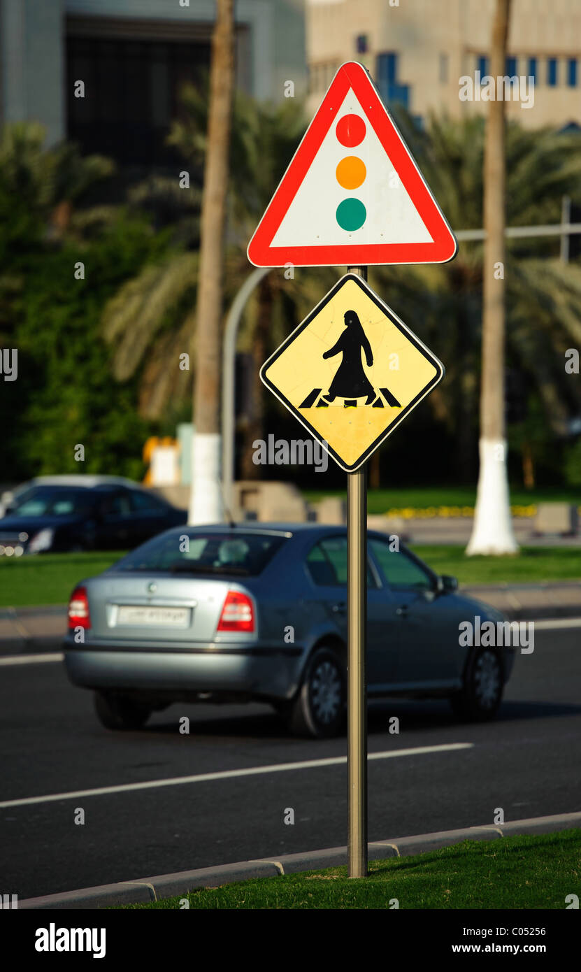 Pedestrian Crossing Road Sign on Al Corniche Street, Doha, Qatar ...
