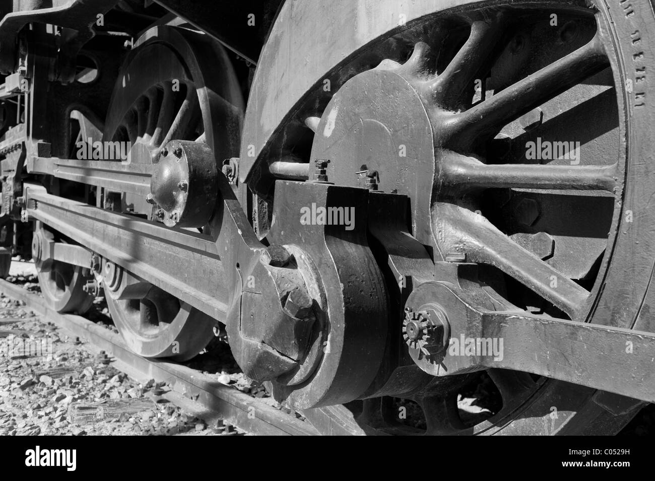Detail take of wheels and transmission of a historic steam locomotive ...