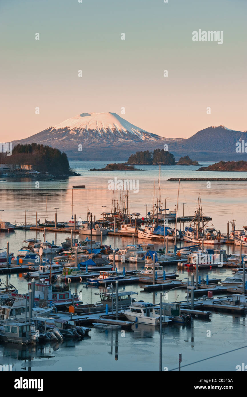 Sunrise in Sitka, Alaska, Thomsen Harbor and the famous Mount Edgecumbe ...