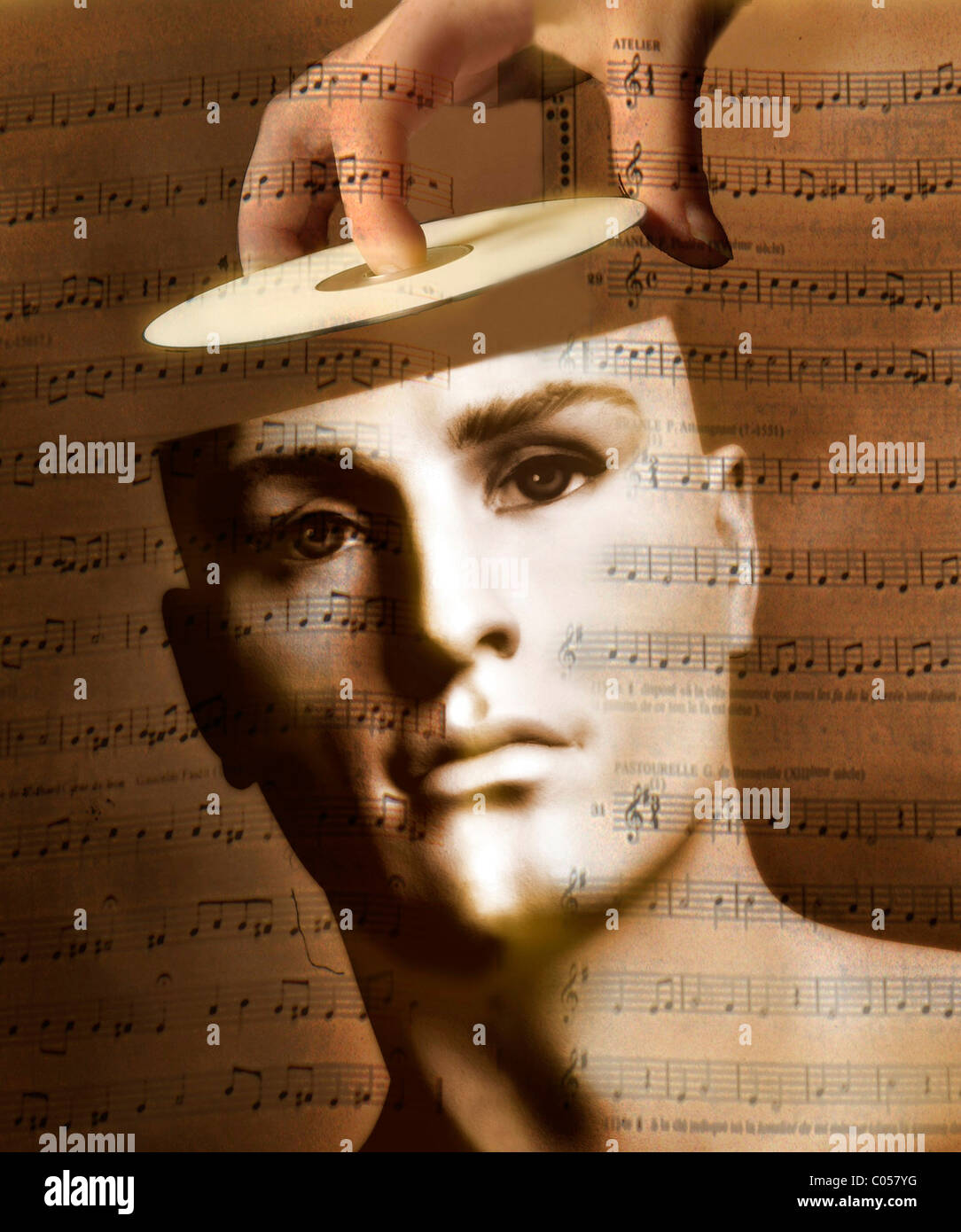 Digital manipulation of a human face with a hand placing a disk ...