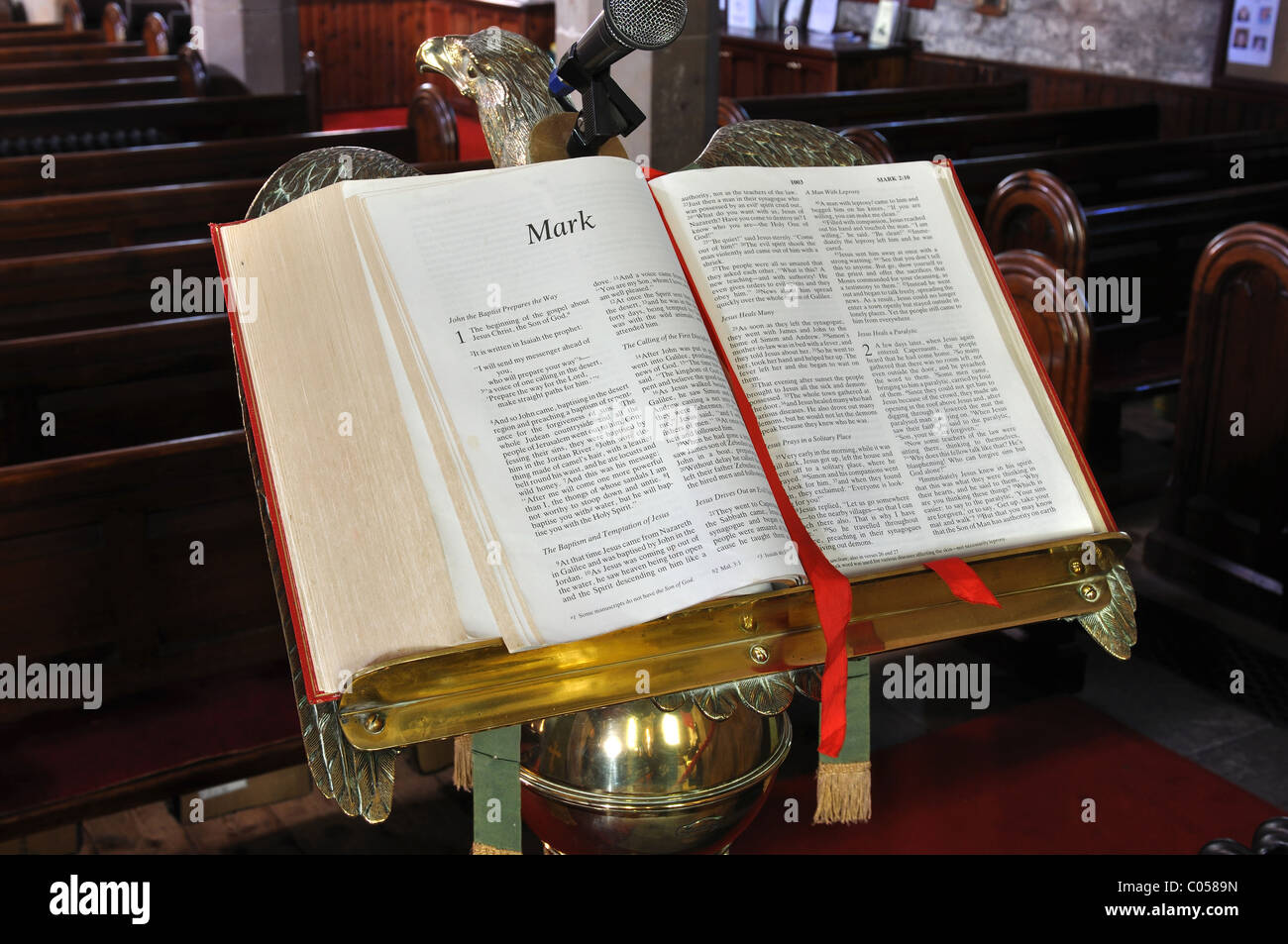Open bible on lectern, St Mary`s Church, Cubbington, Warwickshire, UK ...