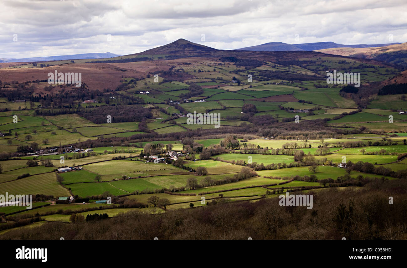 The Sugar Loaf mountain from the Skirrid with farmland in the valley ...